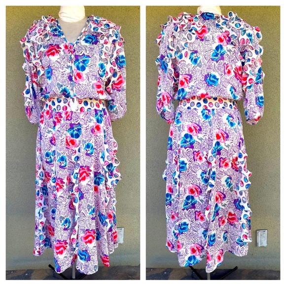 Vintage | Dresses | Diane Freis Vintage 8s Bohemian Blouson Midi Dress ...